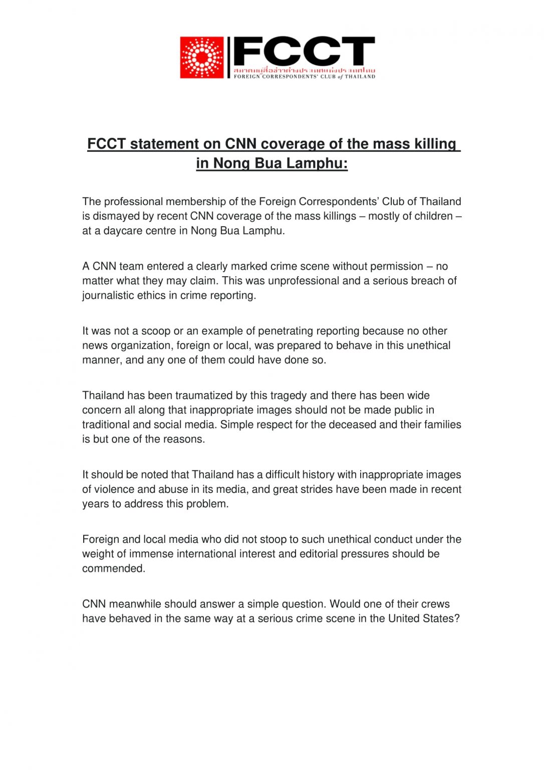 FCCT ประณาม นักข่าว CNN ปืนรั้วทำข่าวกราดยิง ล่าสุด CNN แจงแล้ว